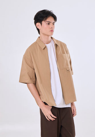 Mossimo Lionel Khaki Tailored Fit Zip Up Woven Short Sleeves Top For M ...